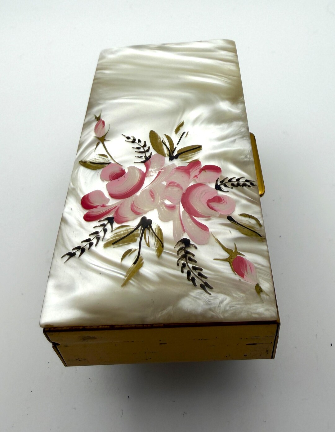 Vintage Mother of Pearl Trinket Box | Hand Painted Pink Roses - Etsy