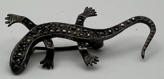 Art Deco 925 Sterling Silver Lizard Brooch - Gem
