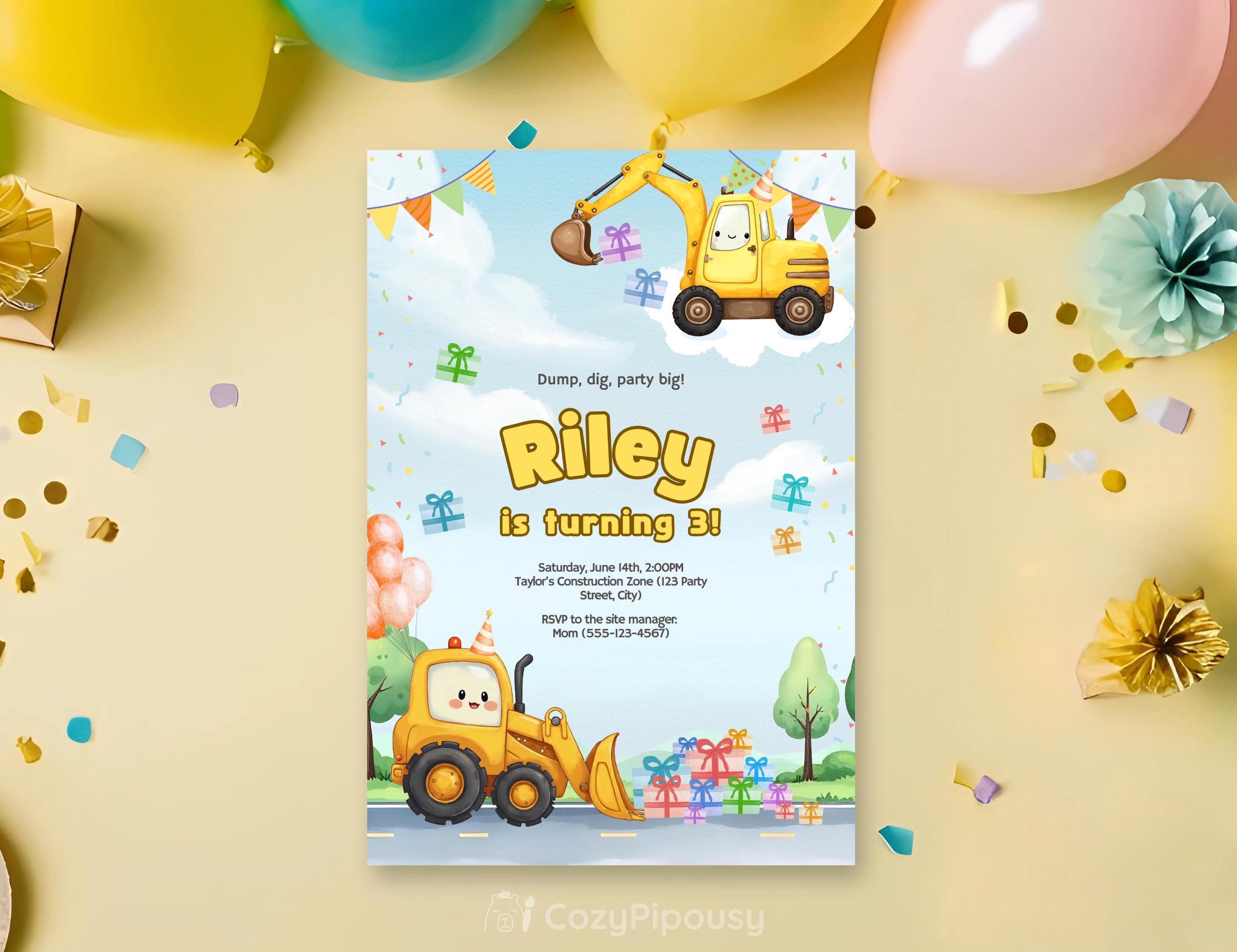 Excavator Birthday Invitation: Construction Party, Editable Canva ...