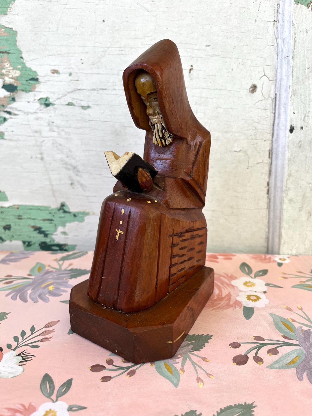Vintage Handcarved Wood Priest Monk Reading Bible Scripture Figurine ...