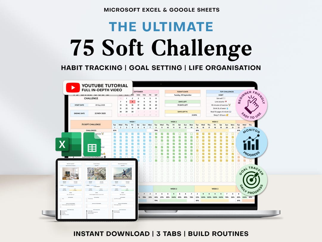 75 Soft Challenge Spreadsheet Google Sheets Daily Habit Tracker Excel ...