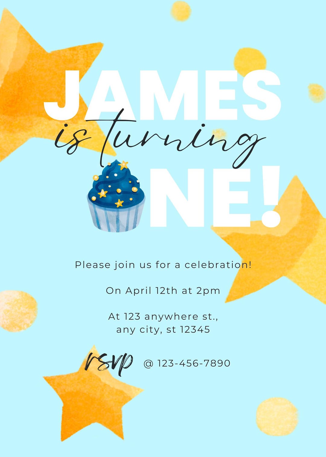 Blue & Gold Star 1st Birthday Invitation: Night Sky Theme (editable ...