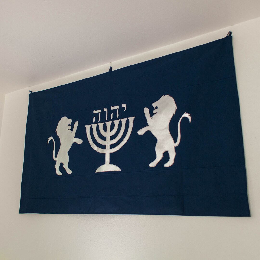 Lion Of Judah Messianic Yhwh Israel Flag Banner Navy Blue With Silver Lions Sacred Name And