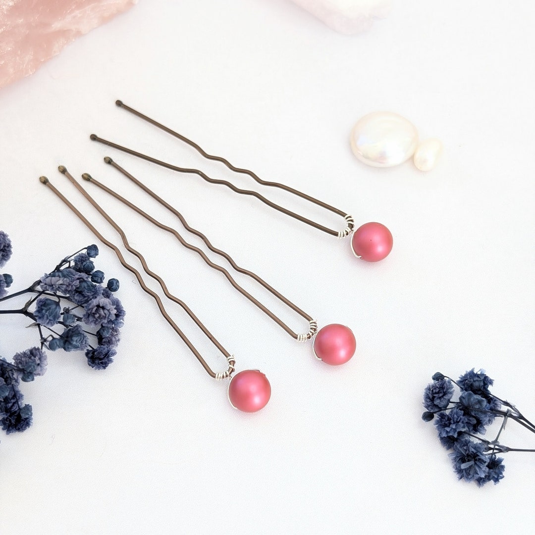 Bright Pink Pearl Hair Pins | Hot Pink Bridesmaid Accessories | Pink ...