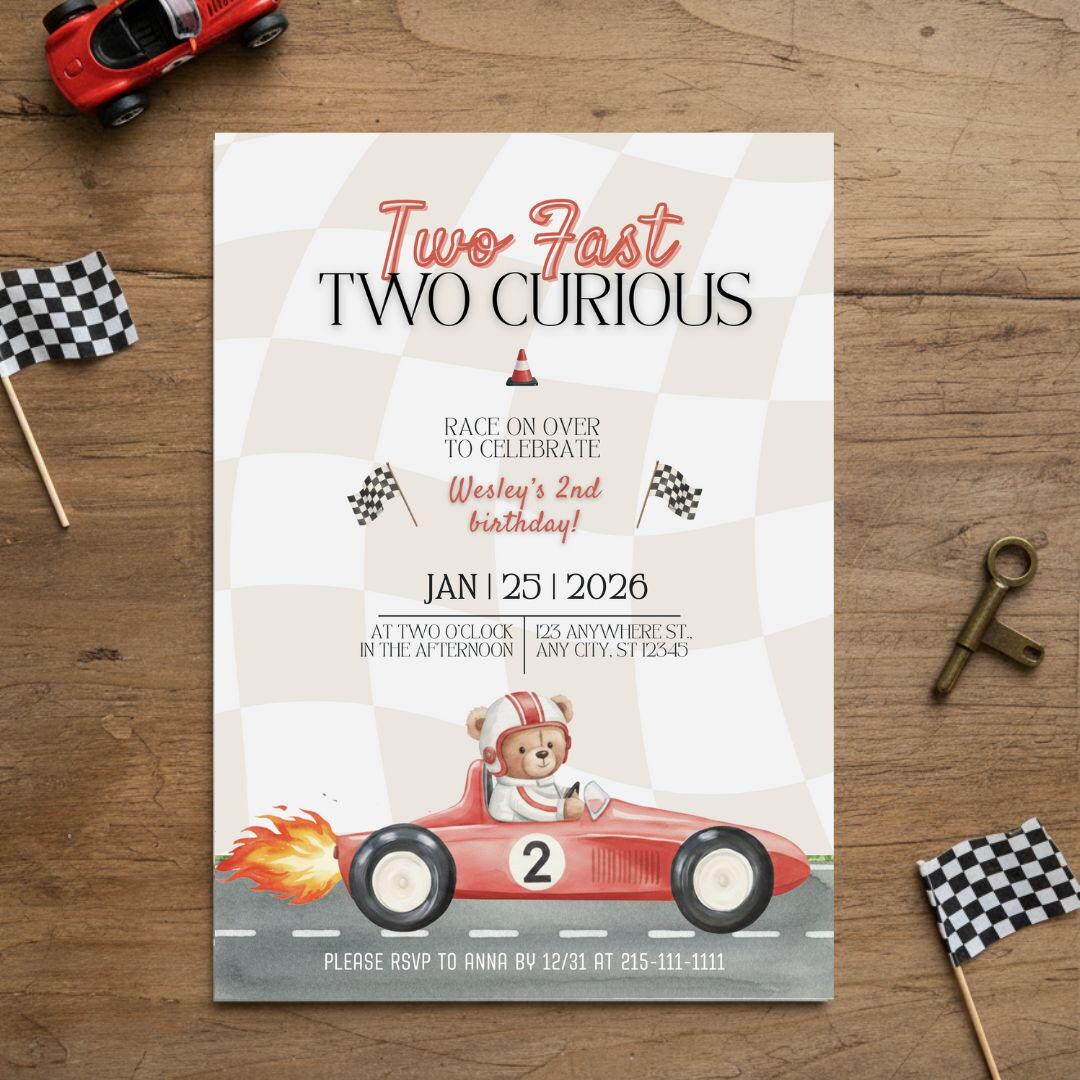 Two Fast Two Curious Birthday Invitation | Teddy Bear Race Car ...