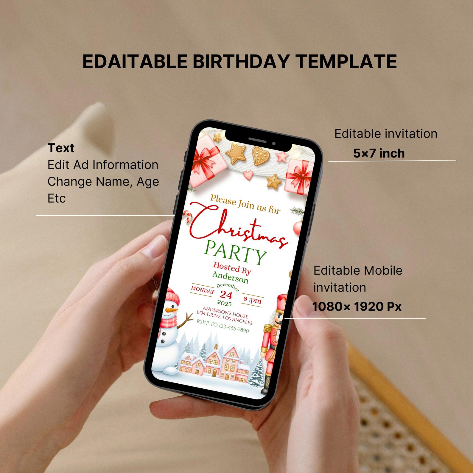 Editable Reindeer Christmas Party Invitation, Rudolph Holiday Template ...
