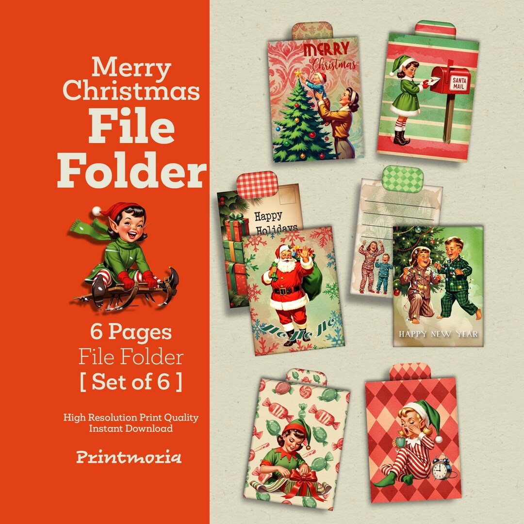 Vintage Christmas File Folder Set: Retro Scrapbooking Kit (digital ...