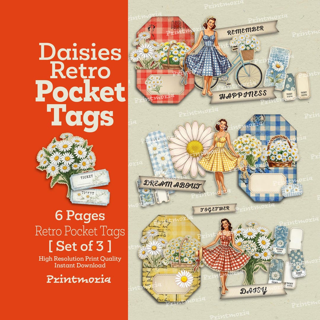 50s Style Daisies Retro Pocket Tags: Daisy Junk Journal Kit, Fussy Cuts ...