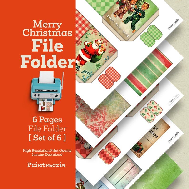 Vintage Christmas File Folder Set: Retro Scrapbooking Kit (digital ...