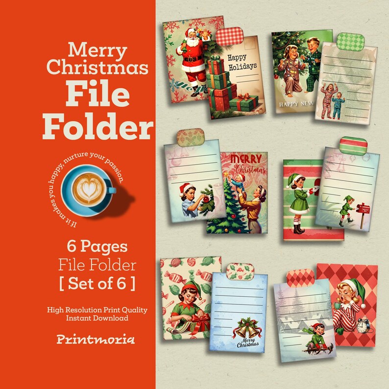 Vintage Christmas File Folder Set: Retro Scrapbooking Kit (digital ...