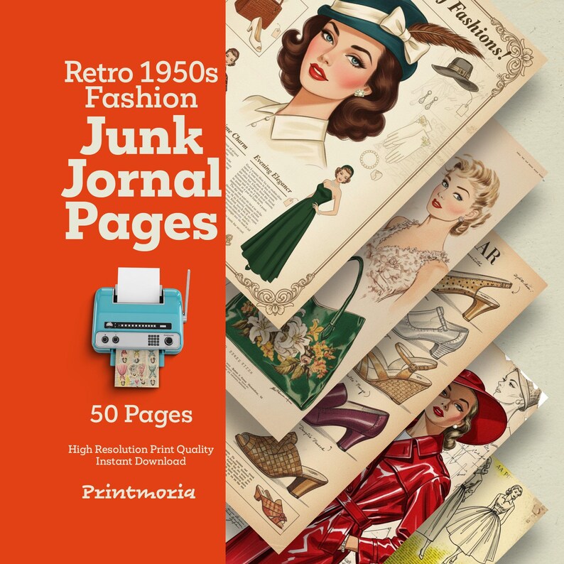Retro Fashion 1950s Junk Journal Pages: 50 Page Printable Fashion Kit ...