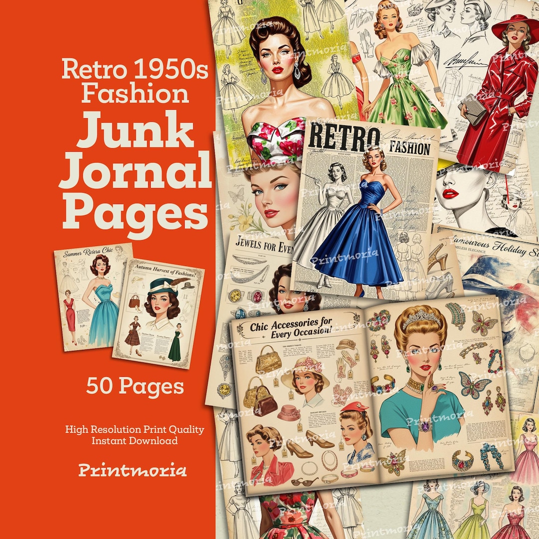 Retro Fashion 1950s Junk Journal Pages: 50 Page Printable Fashion Kit ...