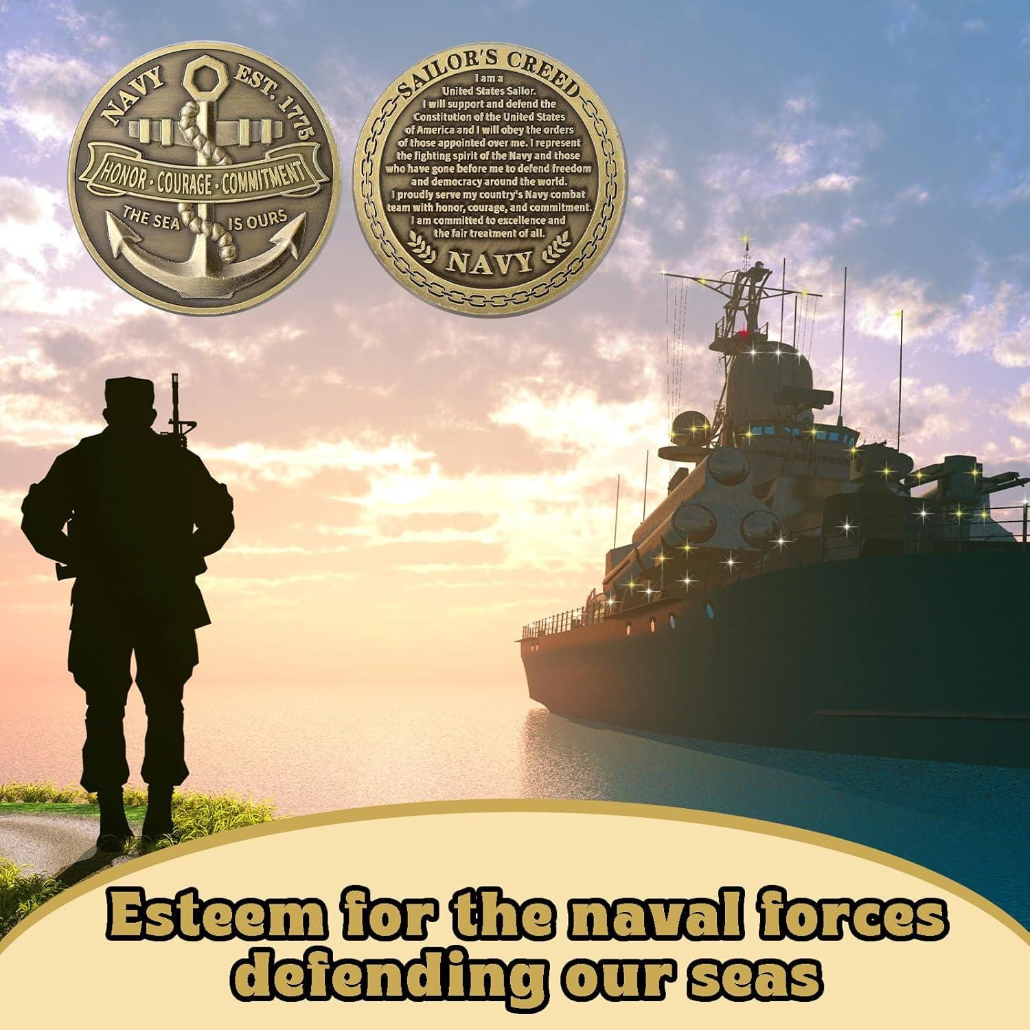 Navy EST. 1775." the Coin Also Includes the Words "honor Courage ...