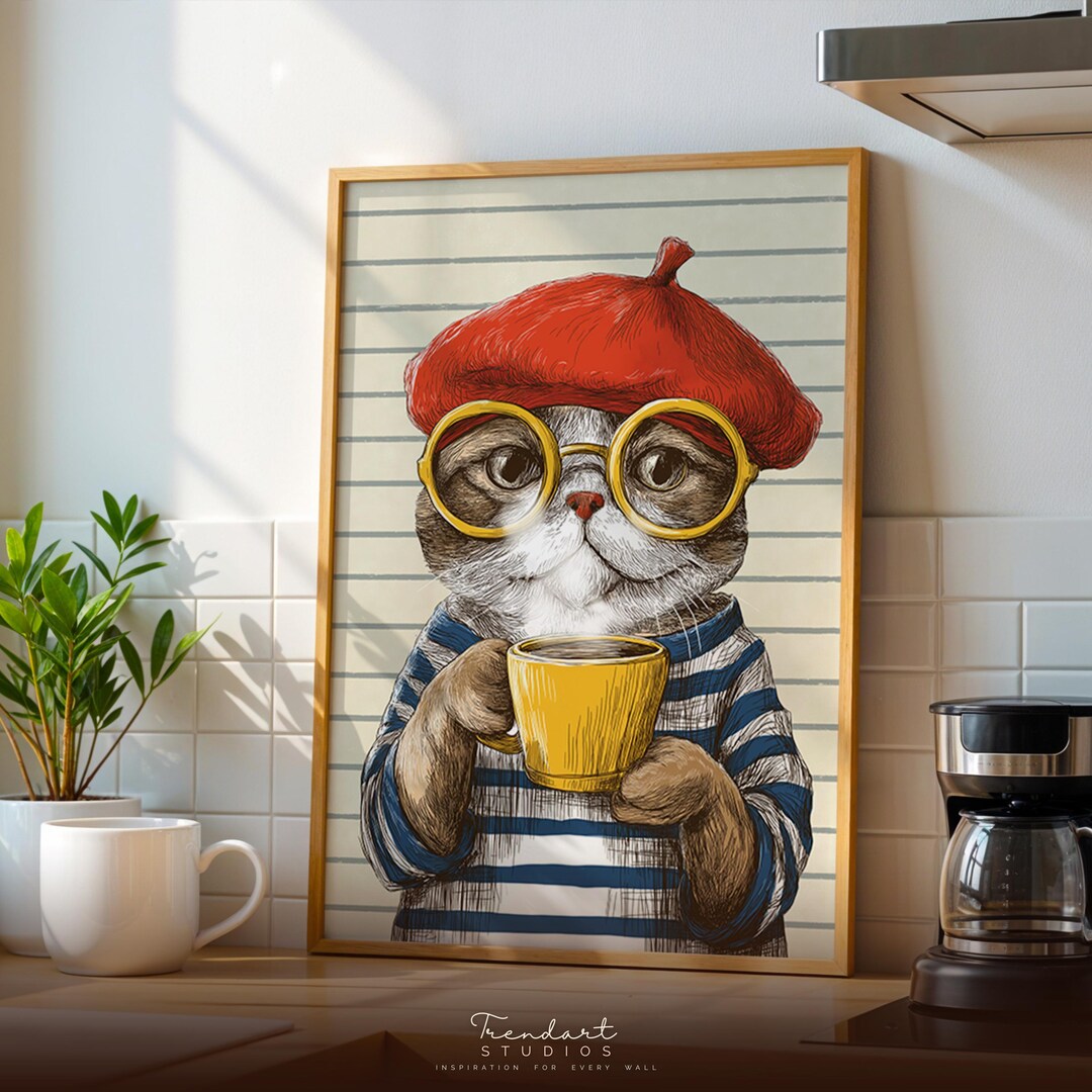 Cat Wall Art | Cat Coffee Print | Whimsical Kitchen Decor | DA00006 - Etsy