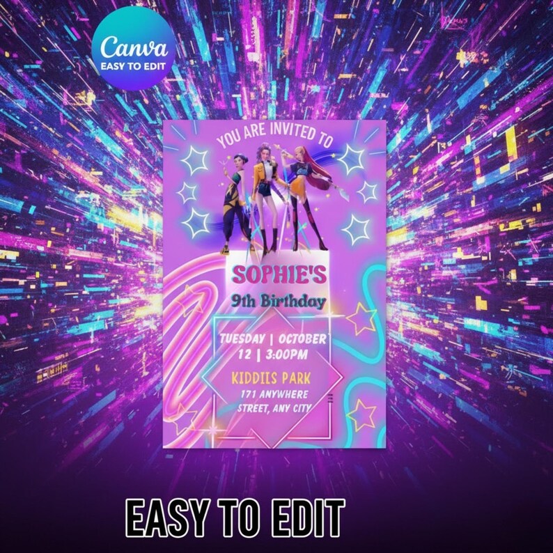 K-pop Demon Hunter Birthday Invitation | Neon Concert Ticket (digital ...