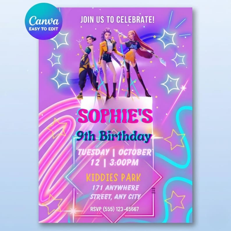 K-pop Demon Hunter Birthday Invitation | Neon Concert Ticket (digital ...