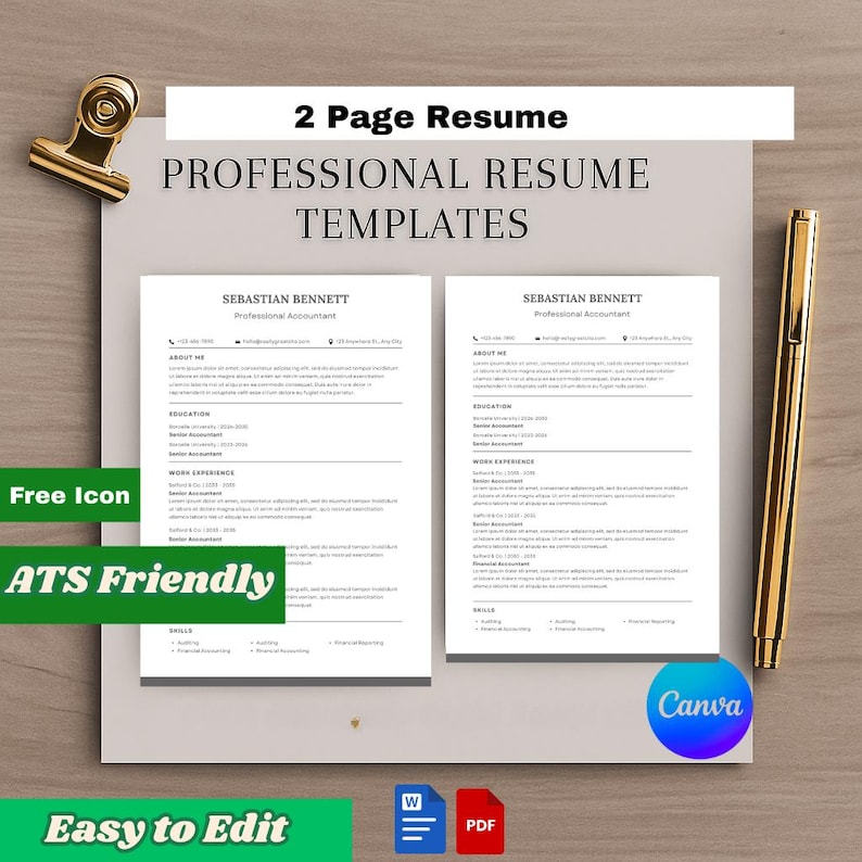ATS Friendly Resume Template Canva With Cover Letter | 1 & 2 Page CV ...