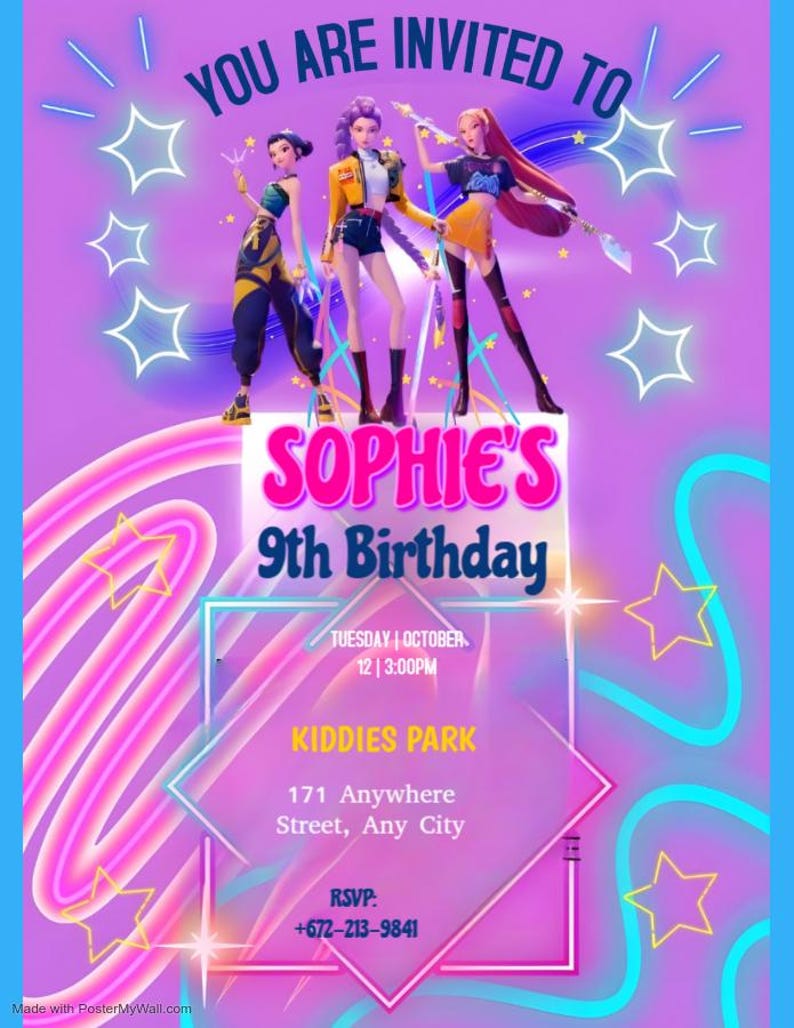 K-pop Demon Hunter Birthday Invitation | Neon Concert Ticket (digital ...