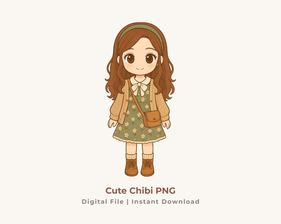 Olive Floral Dress Chibi Girl PNG | Cozy Autumn Clipart | Cute Digital ...