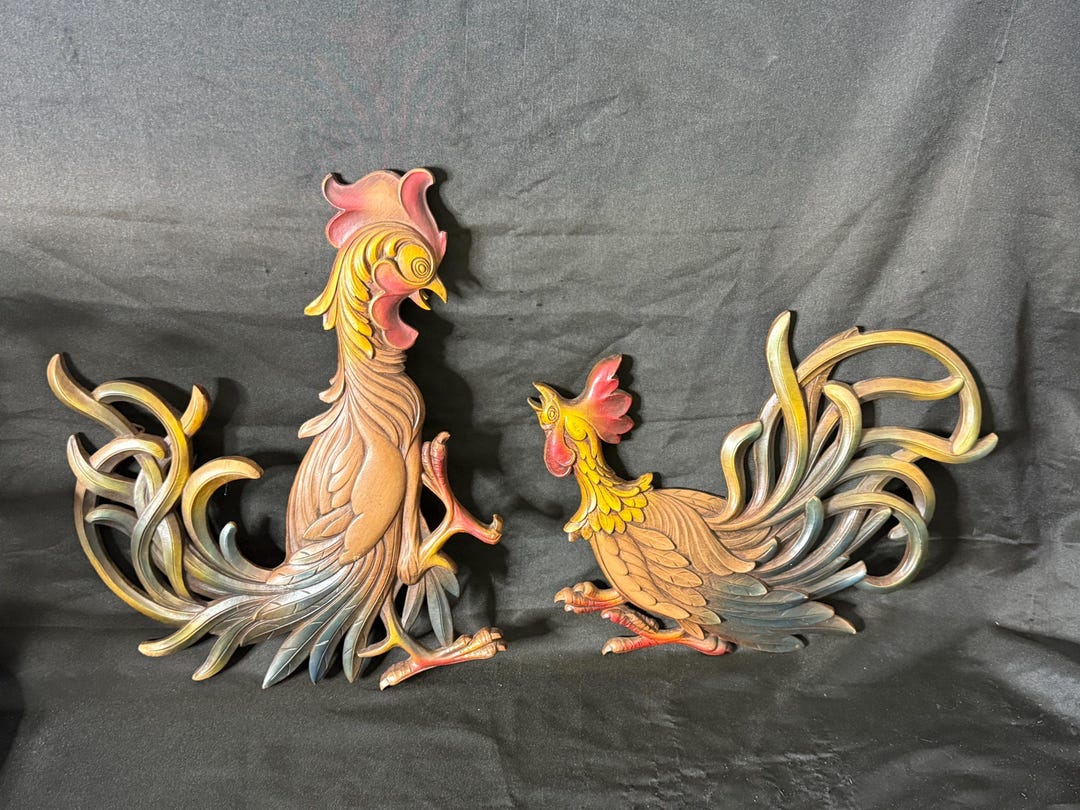 Vintage Mid-century Syroco Rooster Wall Plaques – Pair (14.5″ & 12.5 ...