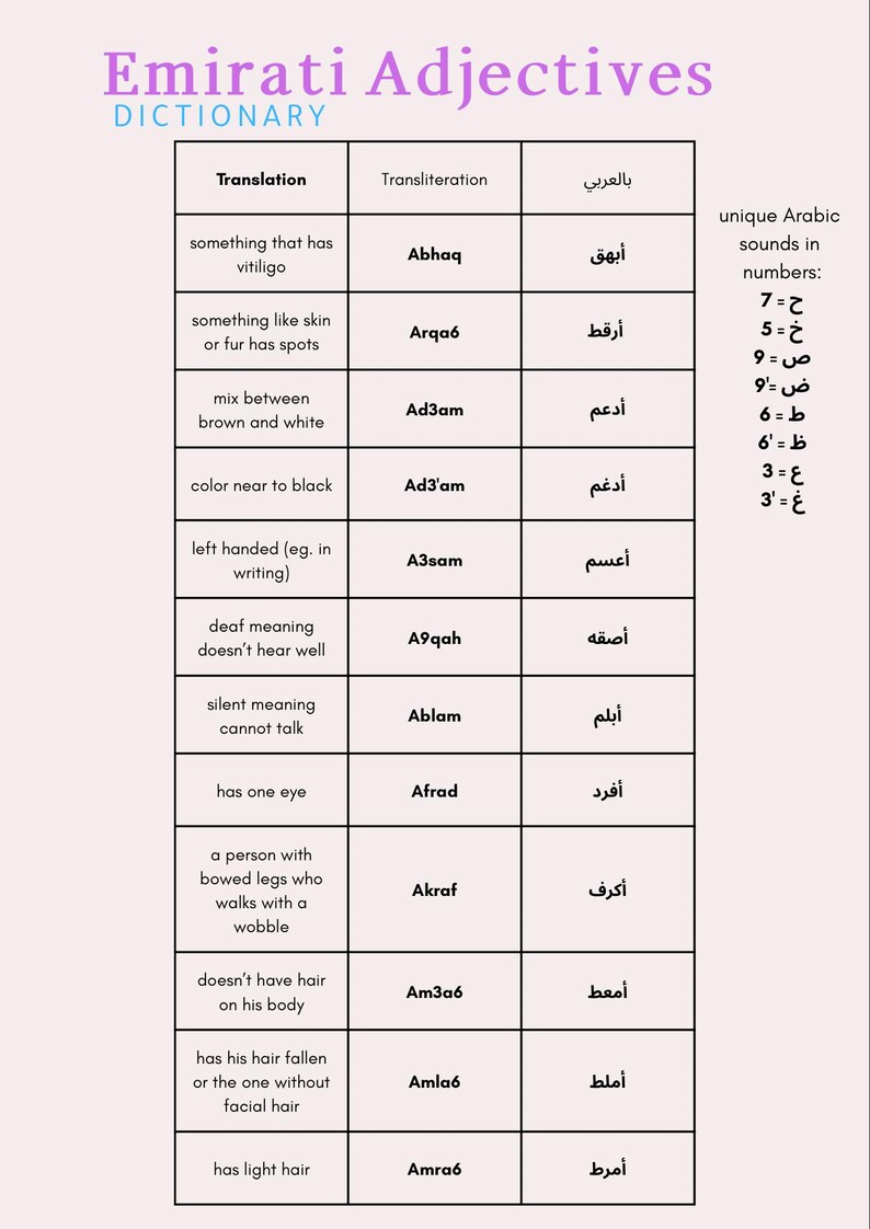 Emirati Arabic Word Search| With English Meanings - Etsy