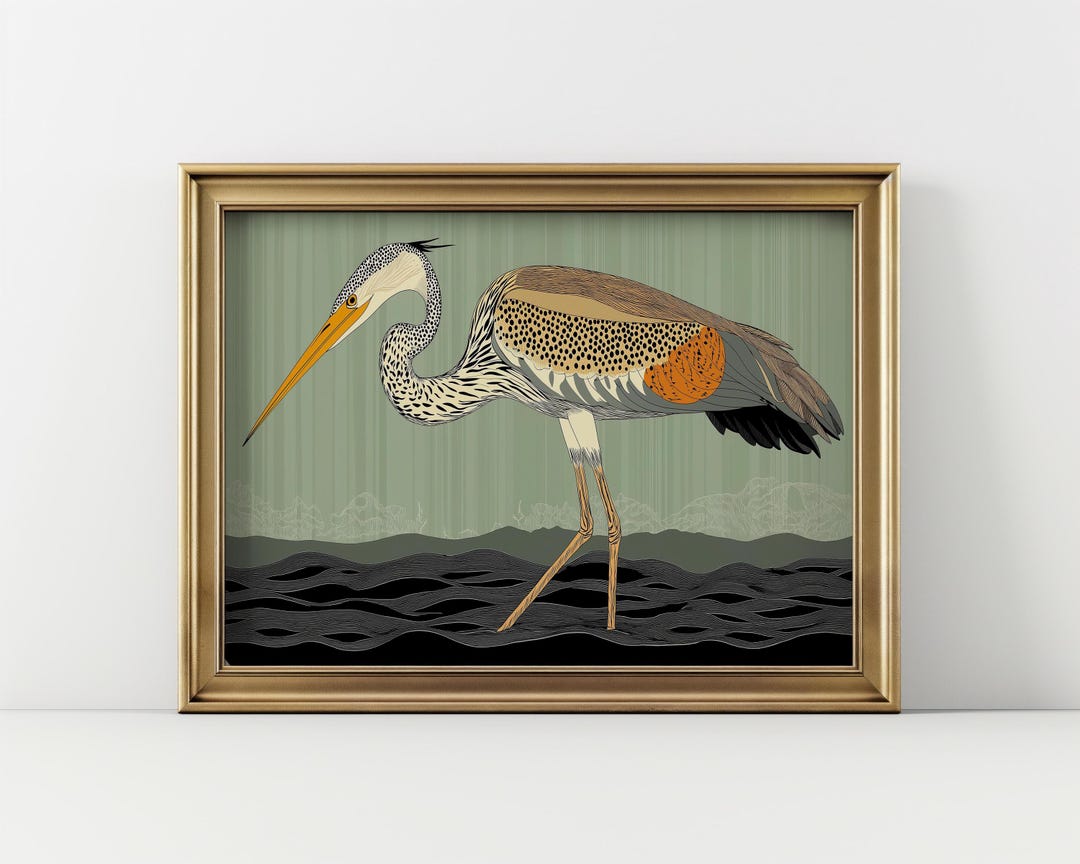 Green Heron Print, Horizontal Art Deco Wall Art, Mid Century Modern ...