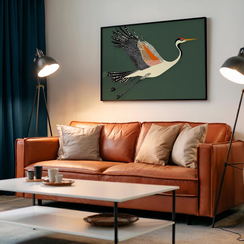 Fancy Flying Crane, Art Deco Wall Art, Retro Mid Century Modern House ...