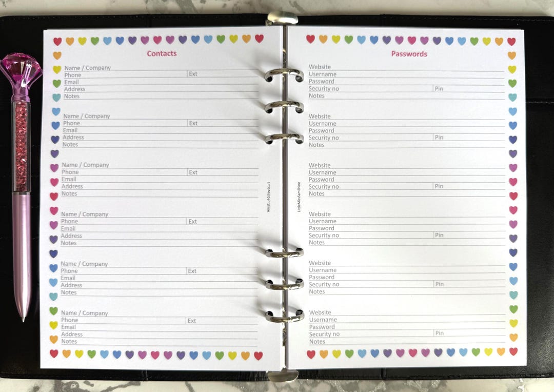 A5 Filofax Planner Inserts: Contacts & Passwords, Rainbow Heart Frame ...