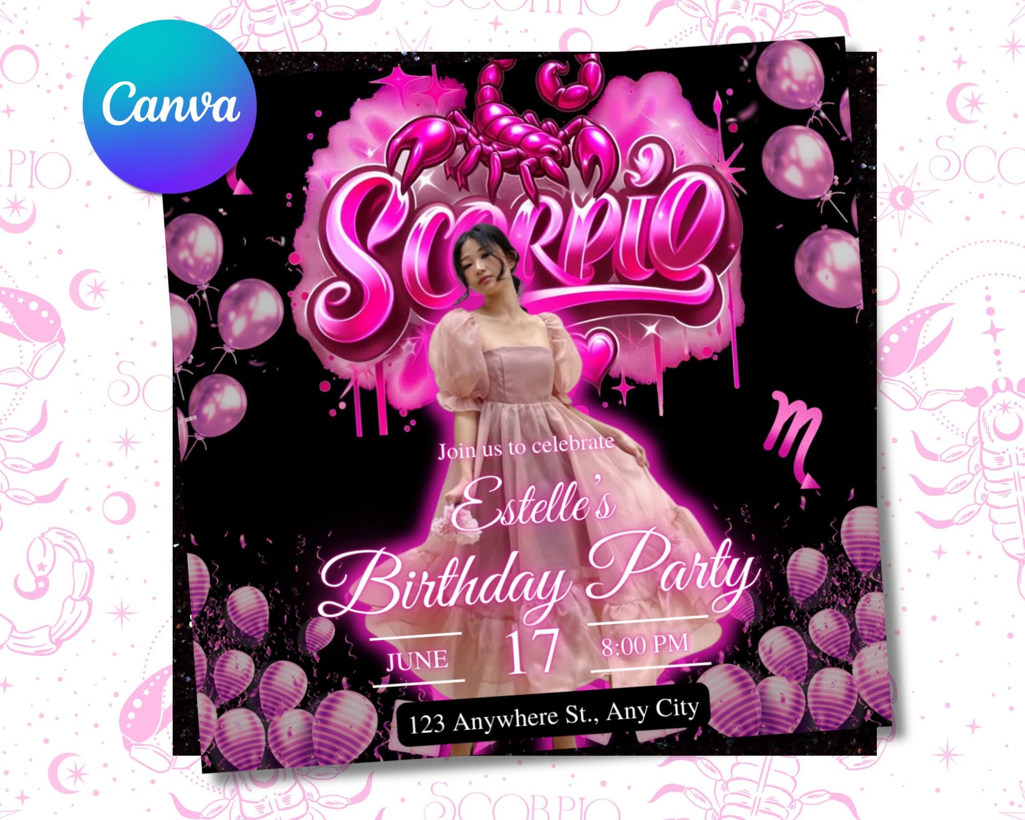 Editable Scorpio Birthday Flyer, Birthday Template, Birthday Girl, Pink ...