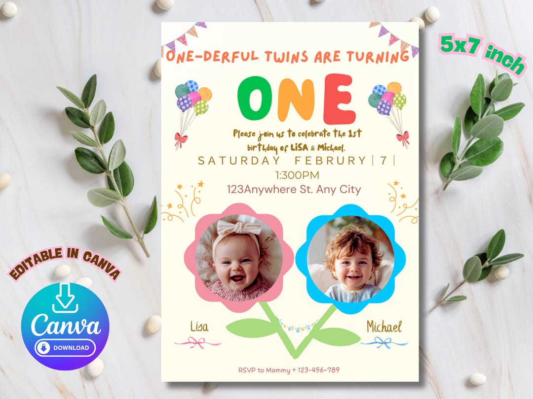 Editable Twins 1st Birthday Invitation With Photo, Wonderful Twin Party ...