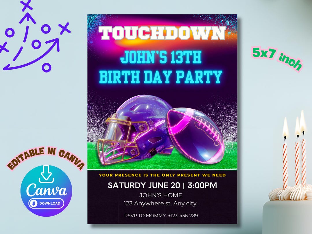 Football Birthday Invitation Template, Neon Sports Party Invite for ...