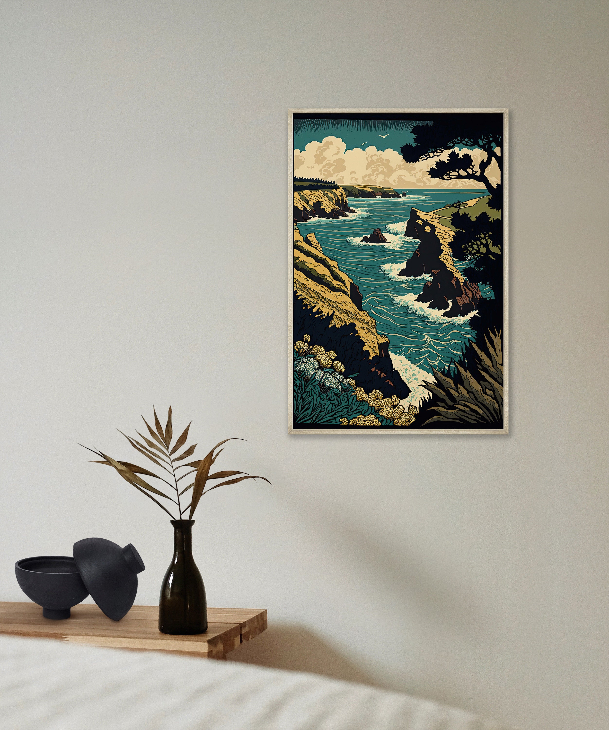 Mendocino California Coast | Woodblock Print Style | High-quality ...