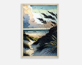 Outer Banks Art Print Beach Woodblock Style Print OBX Ocean Wall Decor ...