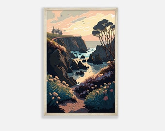 Mendocino Coast Woodblock Style Print Northern California Coast High ...