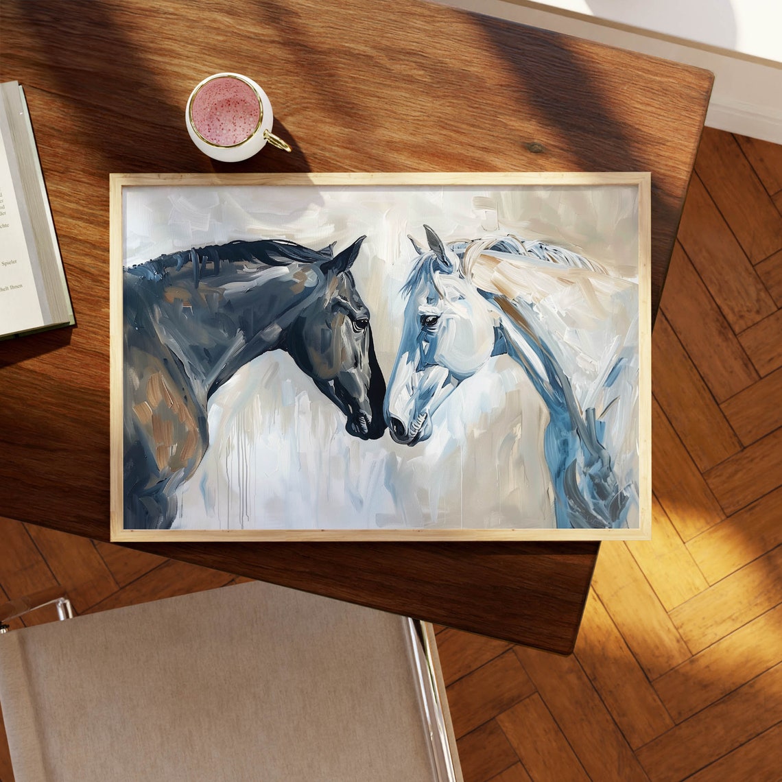 Two Horses Painting Horse Friends Pair Portrait Black White Neutrals ...