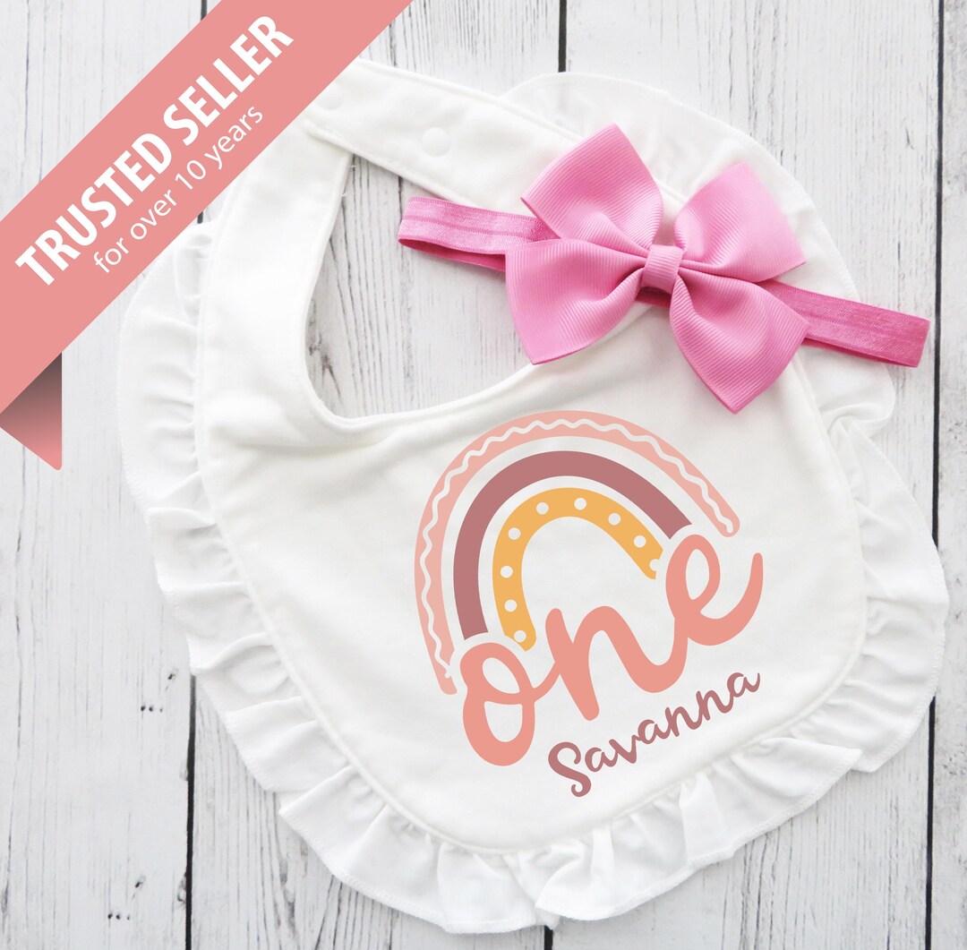 Boho Rainbow ONE Bib for First Birthday – Muted Pink Rainbow 1st Bday ...