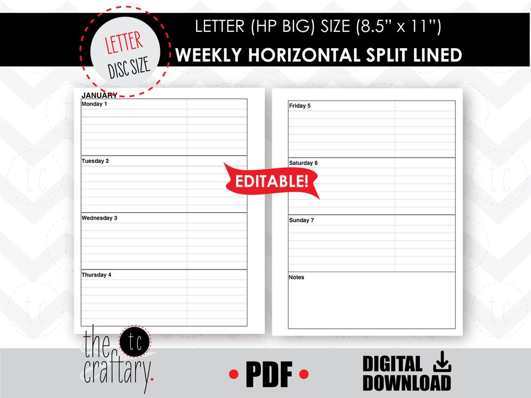 EDITABLE Weekly (horizontal Lined Split Style) Letter/big Calendar ...