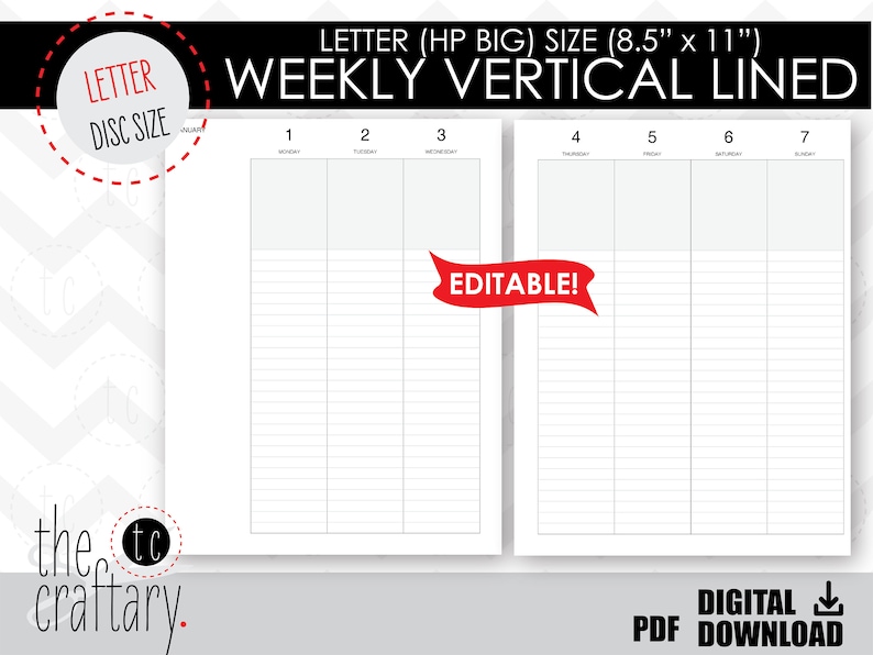 EDITABLE Weekly Lined (vertical Style) Letter/big Calendar Pages ...