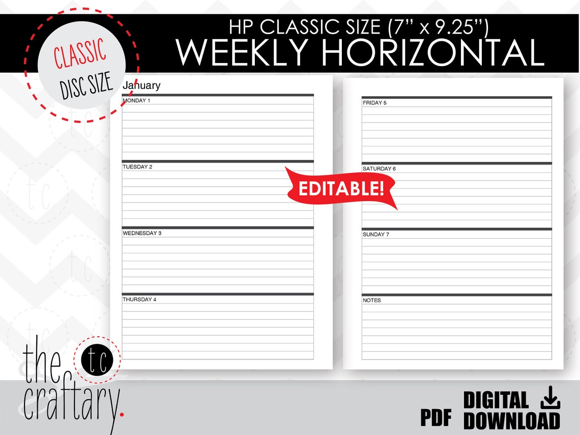 EDITABLE Weekly Lined (horizontal Style) Classic Calendar Pages ...