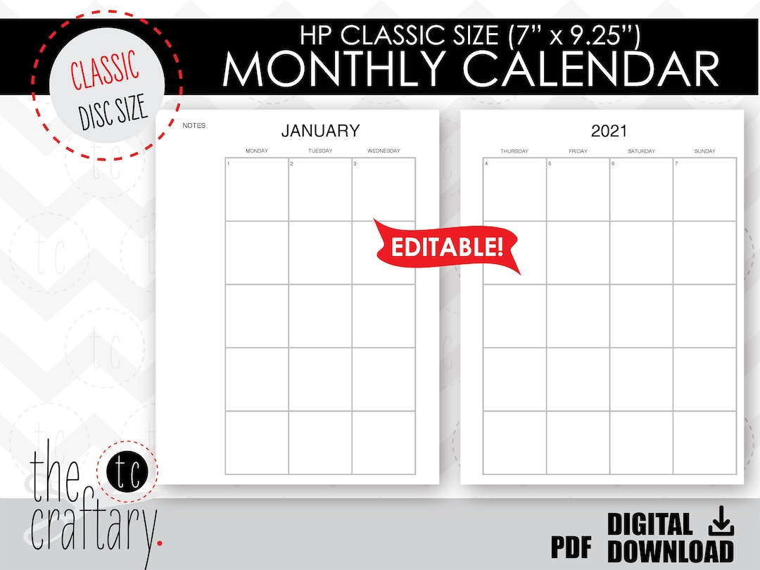 EDITABLE Monthly Layout Classic Calendar Pages Template | Disc Planner ...