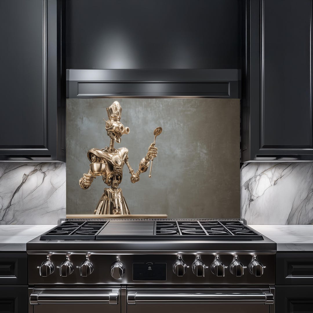 Gold Chef Robot Backsplash – Futuristic Metallic Kitchen Art Glass ...