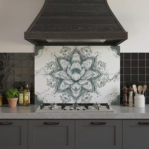 Tempered Glass Backsplash, Black Gold Lotus Flower, Luxury Marble ...