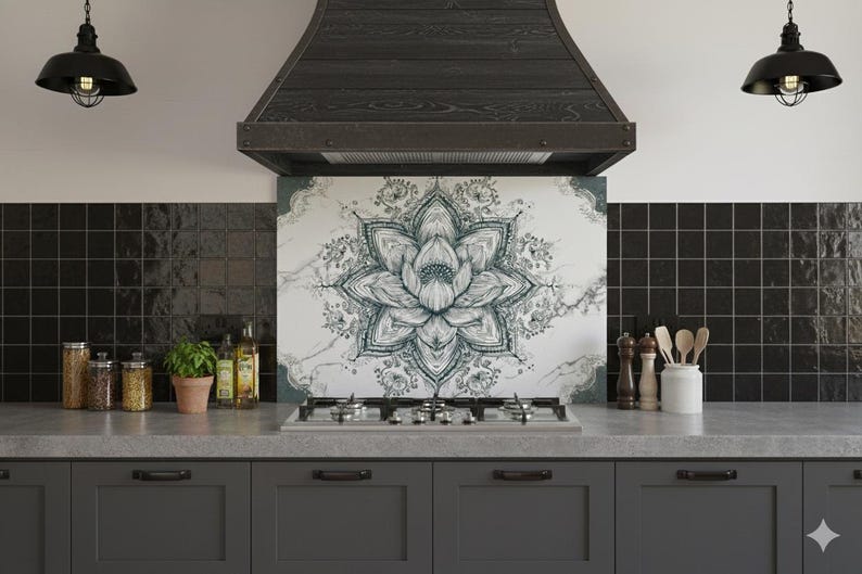 Tempered Glass Backsplash, Black Gold Lotus Flower, Luxury Marble ...