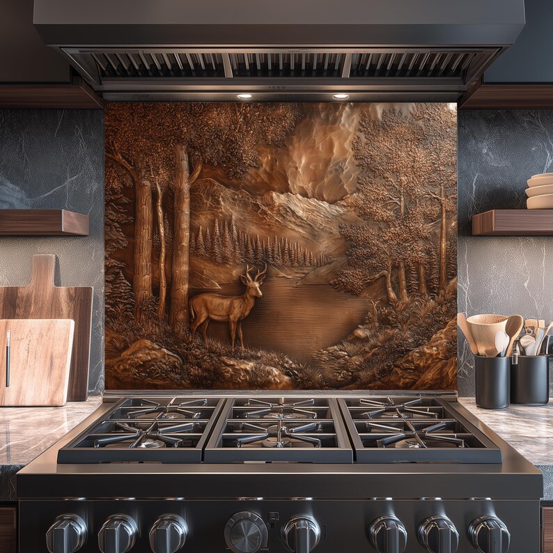 Embossed Copper Deer & Mountain Tempered Glass Backsplash - Rustic ...