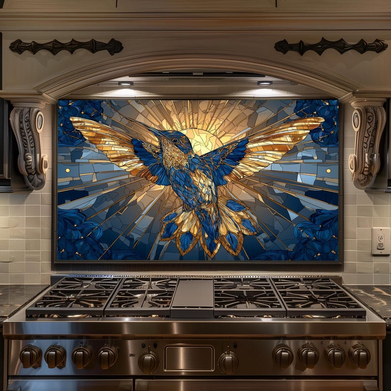 Blue & Gold Hummingbird Stained Glass Backsplash - Tempered Glass ...