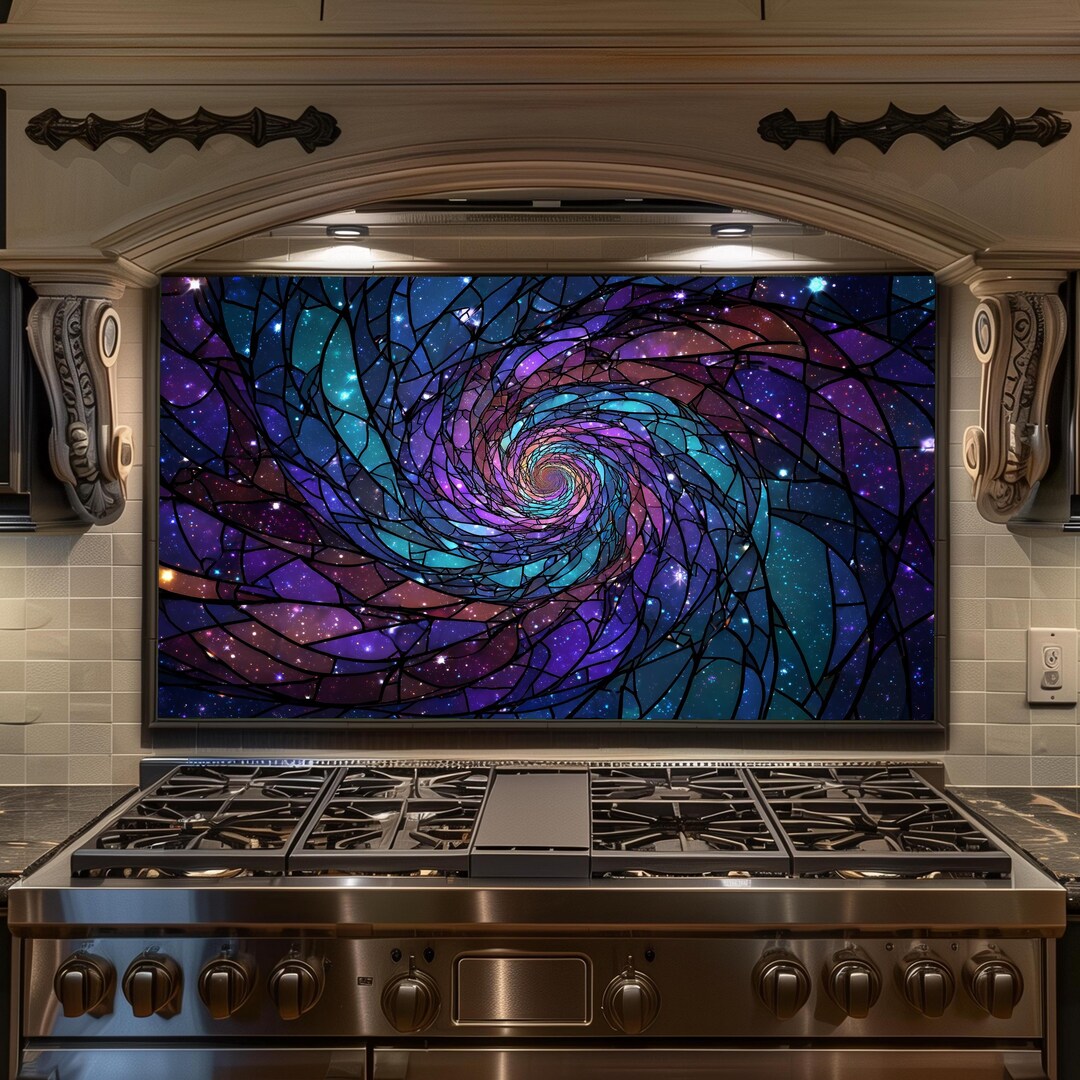 Galaxy Spiral Stained Glass Backsplash - Tempered Glass Nebula Wall Art ...