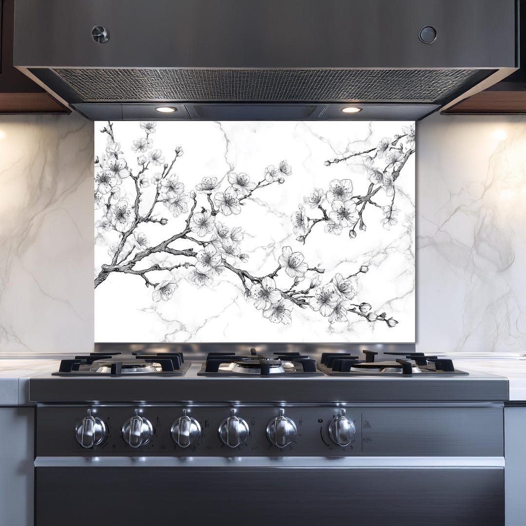 Black & White Cherry Blossom Glass Backsplash – Minimalist Line Art ...