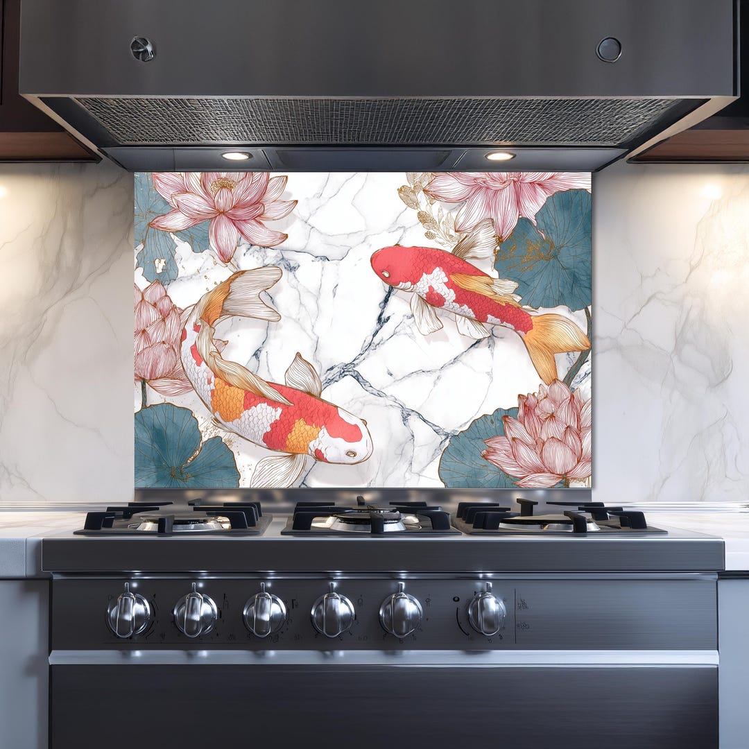Red Koi Fish Lotus Glass Backsplash - Marble Kitchen Panel - Etsy