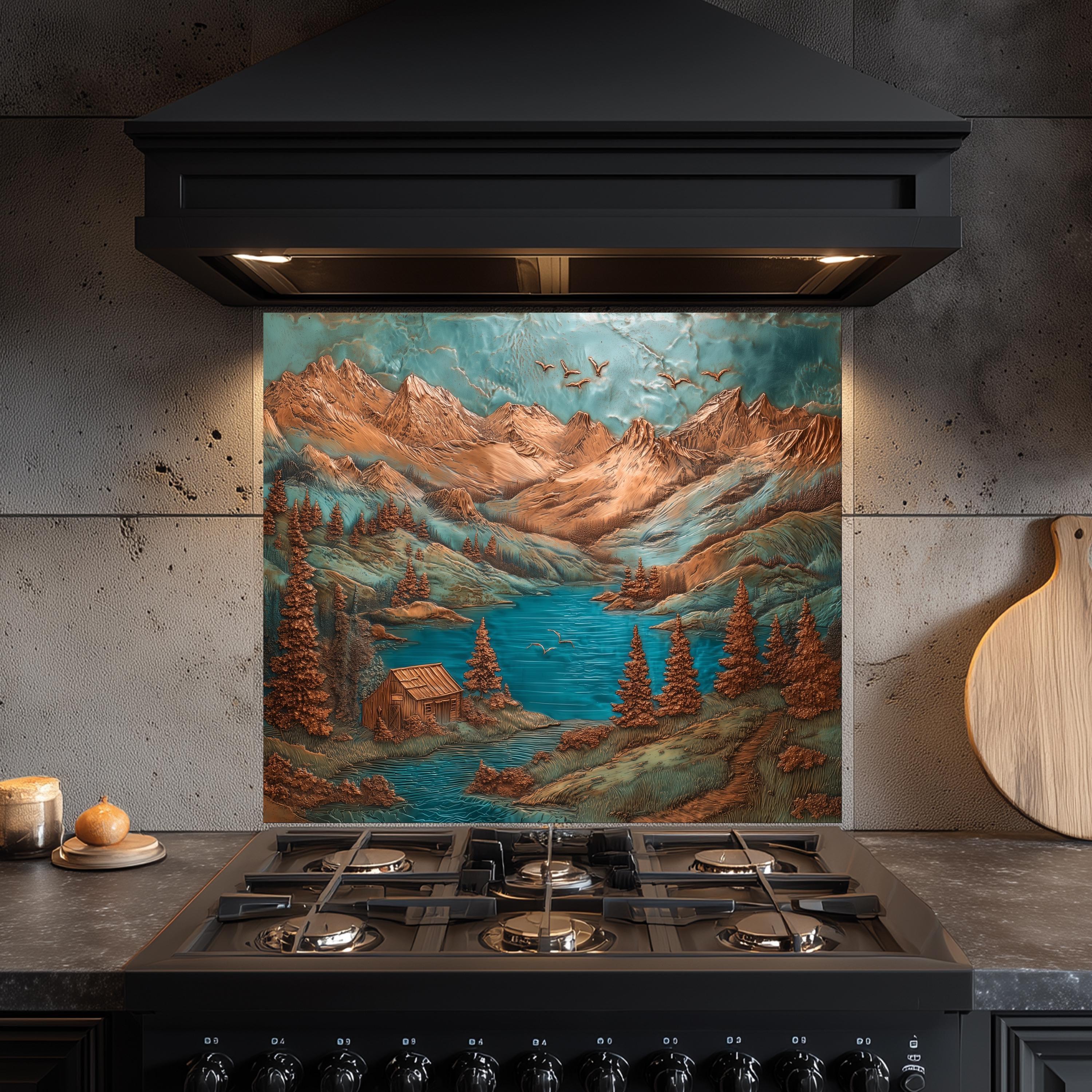 Copper Embossed Mountain Lake Backsplash - Rustic Lodge Tempered Glass ...