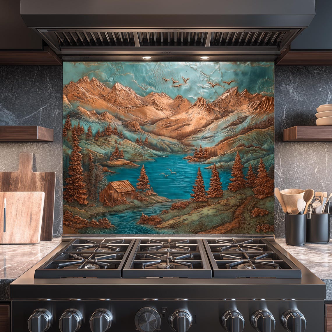 Copper Embossed Mountain Lake Backsplash - Rustic Lodge Tempered Glass ...